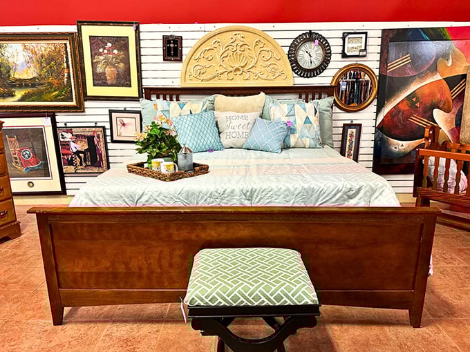 A bedroom display so inviting you might accidentally take a nap while shopping—complete with "Home Sweet Home" pillows that speak the truth.