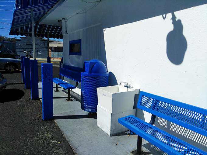 Blue benches await the lucky few who'll savor their frozen treasures on-site, watching the parade of ice cream enthusiasts come and go.