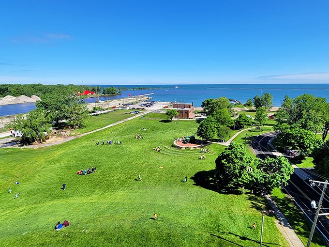 From this bird's-eye view, Fairport Harbor reveals itself as a perfect blend of green spaces and golden beaches, a community that embraces its lakefront identity.