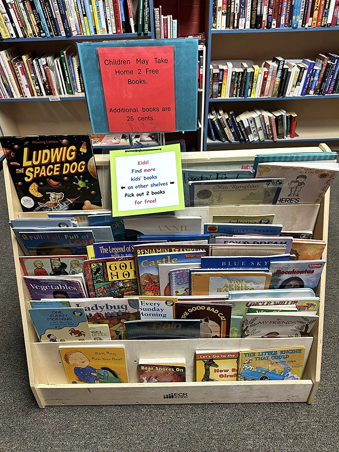 The children's book section offers literary adventures at pocket change prices, with a heartwarming "take 2 free" policy that nurtures young readers.
