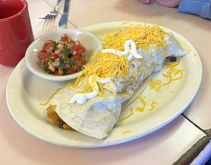 A breakfast burrito that doesn't need to be the size of your head to satisfy. Fresh salsa on the side proves that Midwesterners understand flavor just fine, thank you.