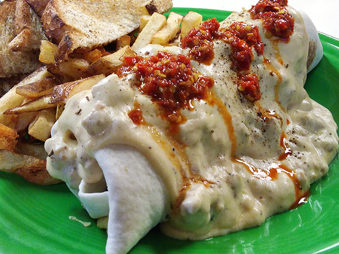 Breakfast burrito brilliance with a kick! This green plate special wraps up morning happiness with a side of crispy potatoes.