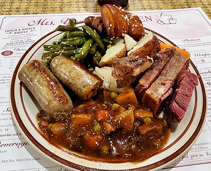 The buffet plate of champions&mdash;where vegetables are merely decorative accessories to the real stars of meat and potatoes.