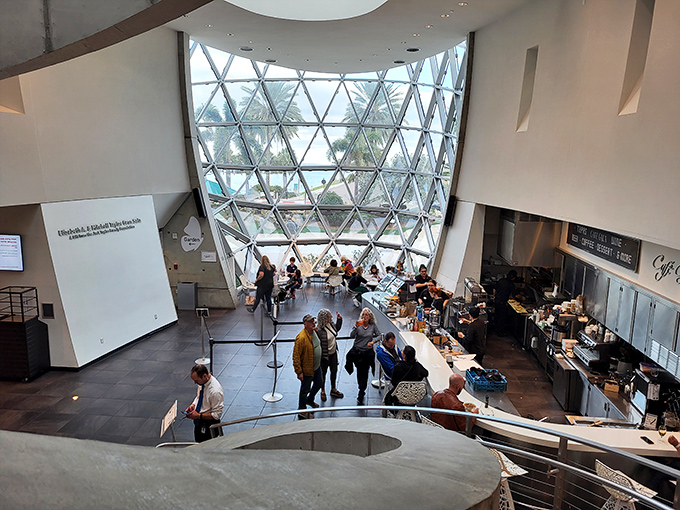 The caf&eacute;'s soaring atrium makes lunch feel like dining inside a geometric crystal ball with really good sandwiches.