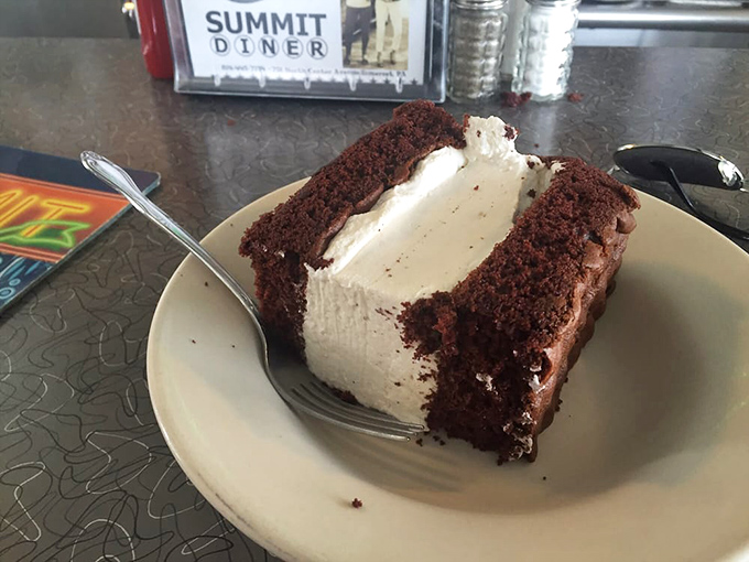 A slice of chocolate cake with cream filling that makes you understand why people drive across counties for Summit Diner desserts.
