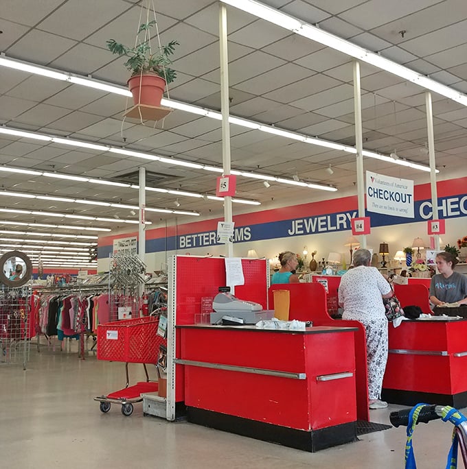 The final frontier: checkout counters where treasures are tallied and the thrifting adventure concludes&mdash;until next week's visit.