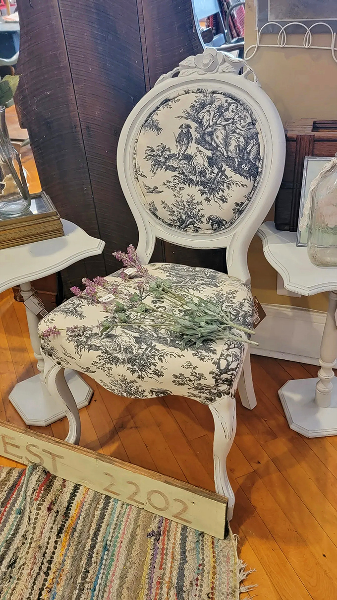 French toile meets shabby chic in this elegant chair. It's practically whispering, "Draw me like one of your French antiques."