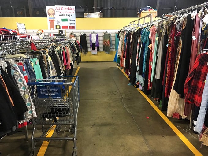 The clothing corridor&mdash;where fashion goes for its second act. Color-coded racks make the hunt for vintage treasures surprisingly civilized.