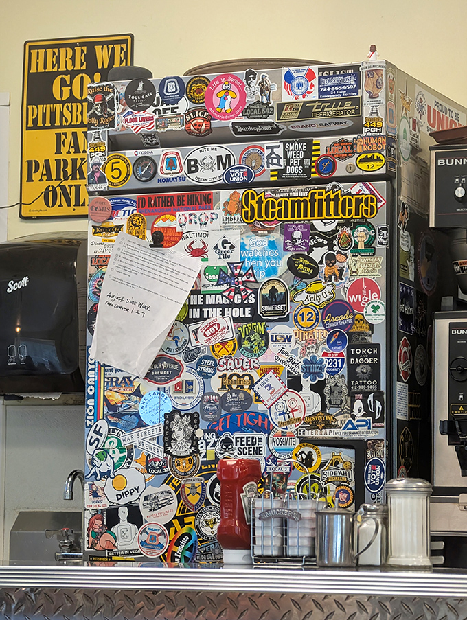 This sticker-covered refrigerator tells the story of Pittsburgh pride, local businesses, and the community that keeps coming back for more.