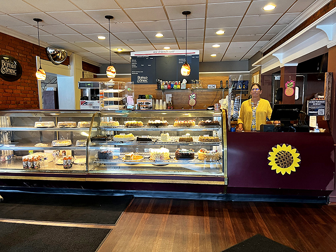The dessert counter showcases an array of homemade temptations that make "I'll just have coffee" the biggest lie you'll tell yourself today.