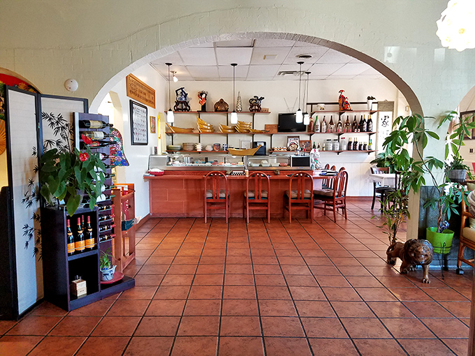 The sushi counter view reveals the stage where culinary magic happens. Those shelves lined with sake bottles are like a library of liquid happiness waiting to be checked out.