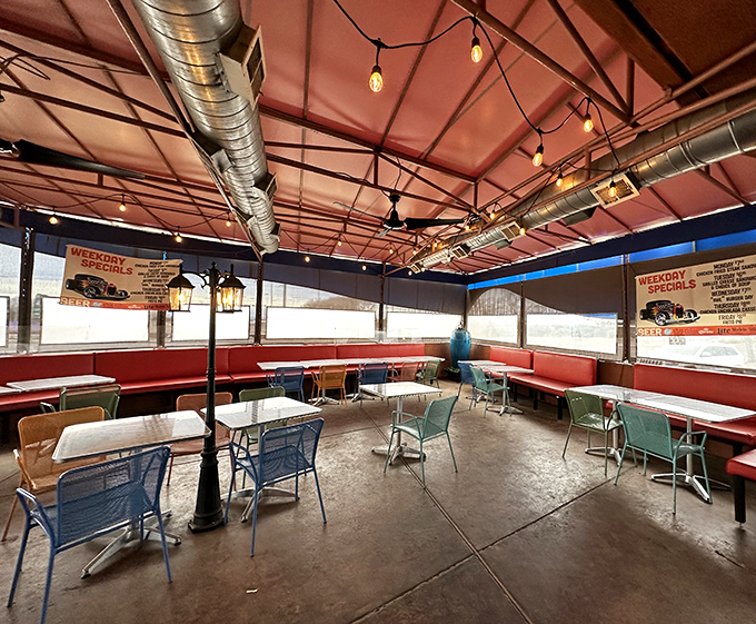 The covered patio offers al fresco dining with southwestern flair, where the New Mexico breeze carries the scent of green chiles.