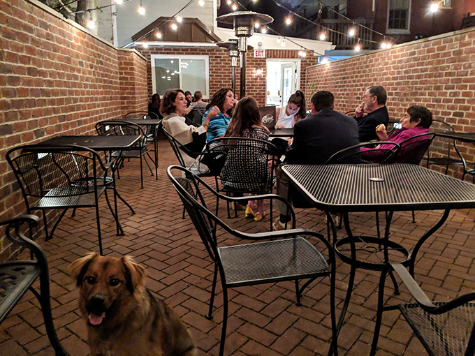 String lights twinkle above the courtyard as friends gather, proving ice cream moments are always better shared.