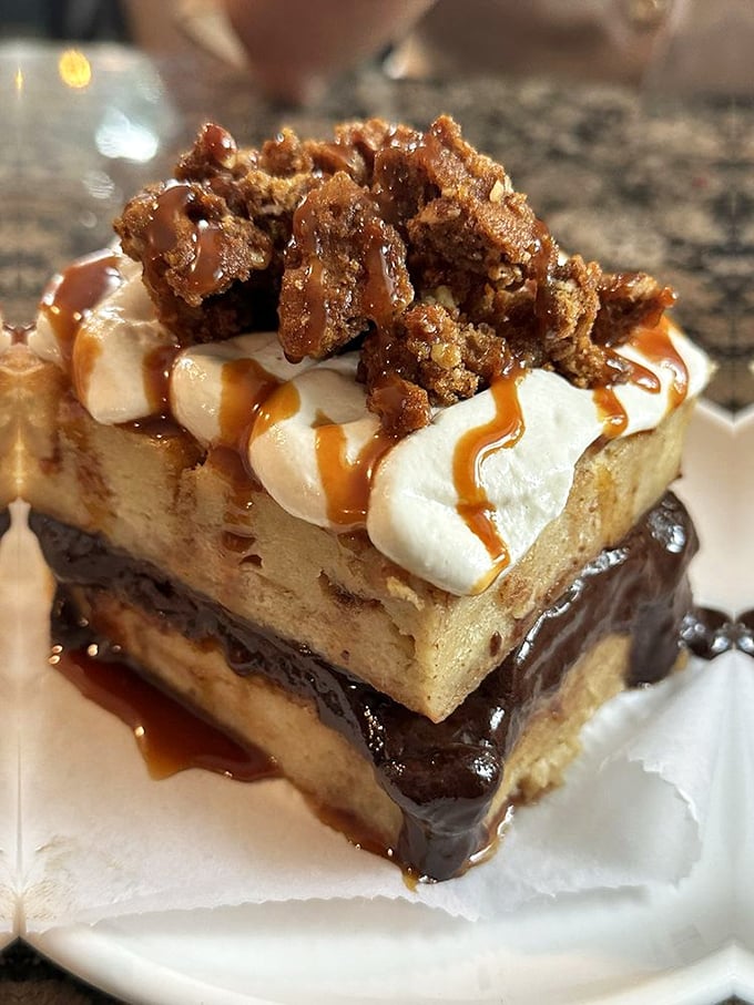 Not just dessert, but a towering architectural achievement of cake, chocolate, whipped cream and caramel &ndash; spoons required immediately.