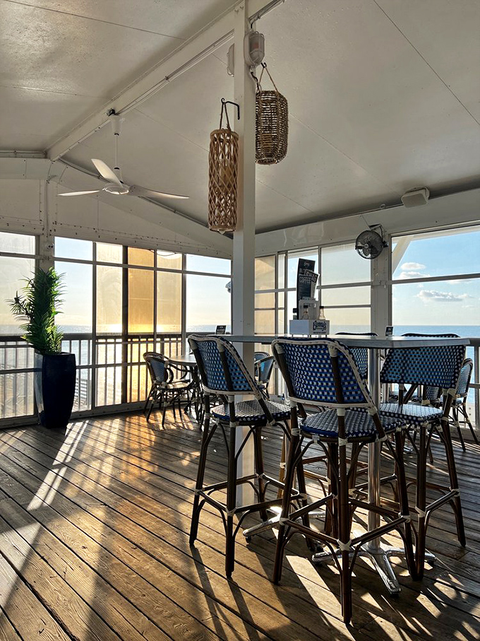 Sunset transforms these bar stools into front-row seats for nature's daily farewell tour—no tickets required, just good timing.