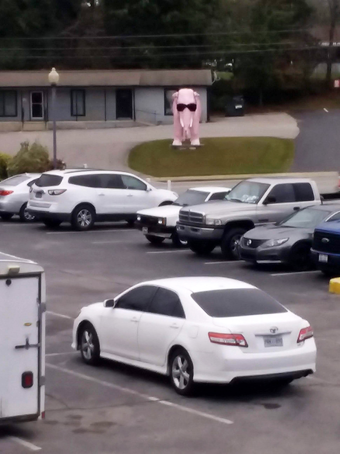 Even from a distance, there's no mistaking that distinctive silhouette &ndash; Ellie stands as a pink beacon in a sea of parking lot normalcy.