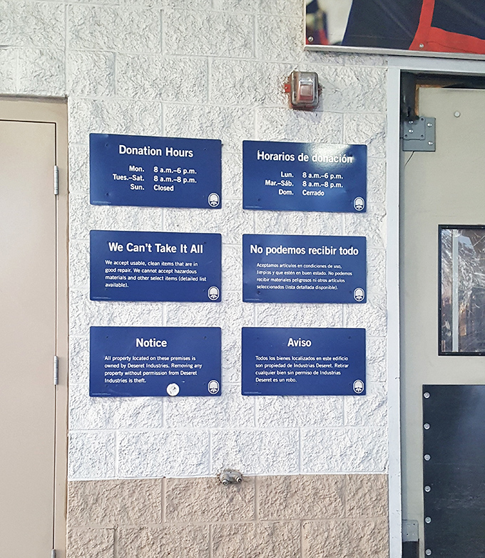 Bilingual donation guidelines spell out the rules clearly – they can't take everything, but what they do accept helps fund their community mission.