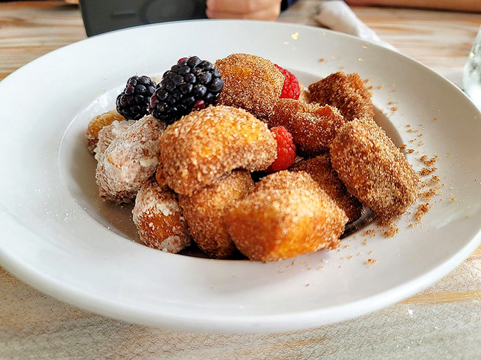 Donut holes that didn't just get dusted with cinnamon sugar &ndash; they got completely immersed in it. Berries add the illusion of healthfulness we all need.