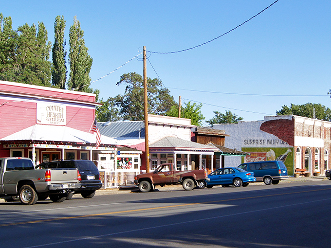 Downtown's lineup of storefronts tells the story of rural American resilience, where businesses adapt and survive like desert plants after rain.