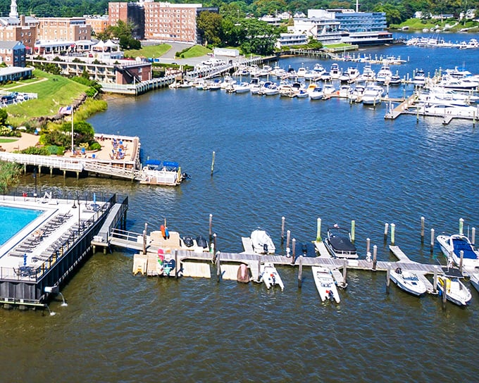 Summer brings the marina to life with boats of all sizes, while the riverside pool offers refreshing relief from New Jersey's humid summer days.