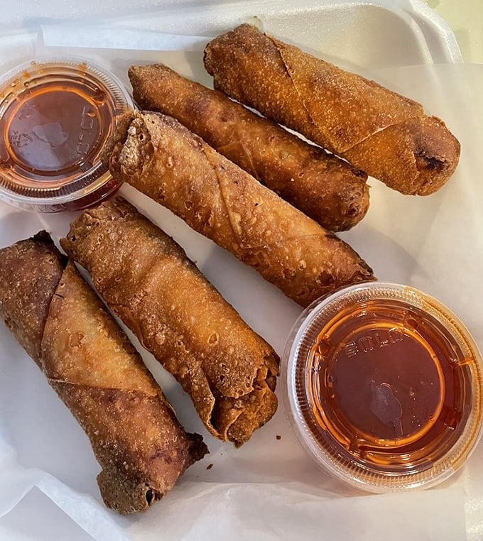 Egg rolls that defy categorization&mdash;crispy, golden tubes of deliciousness served with sweet dipping sauce. Fusion food before fusion was cool.