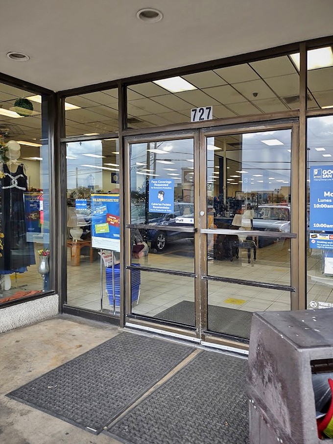 The gateway to thrift paradise. These doors have witnessed countless treasure hunters entering with hope and exiting with armloads of affordable finds.