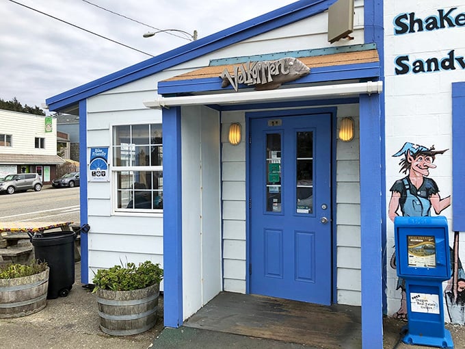 The blue door entrance feels like a portal to seafood nirvana, with the Viking-inspired logo hinting at the Nordic influence inside.
