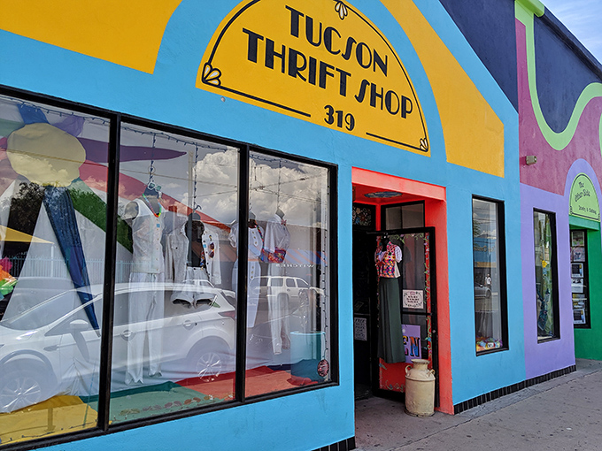 The entrance to Tucson Thrift Shop stands like a portal to fashion adventures&mdash;step through the red doorway and leave your fashion inhibitions behind.