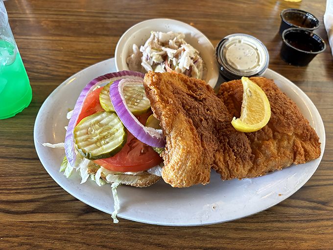 A fish sandwich that makes fast food versions weep with inadequacy. That golden crust is the difference between good and "where has this been all my life?"