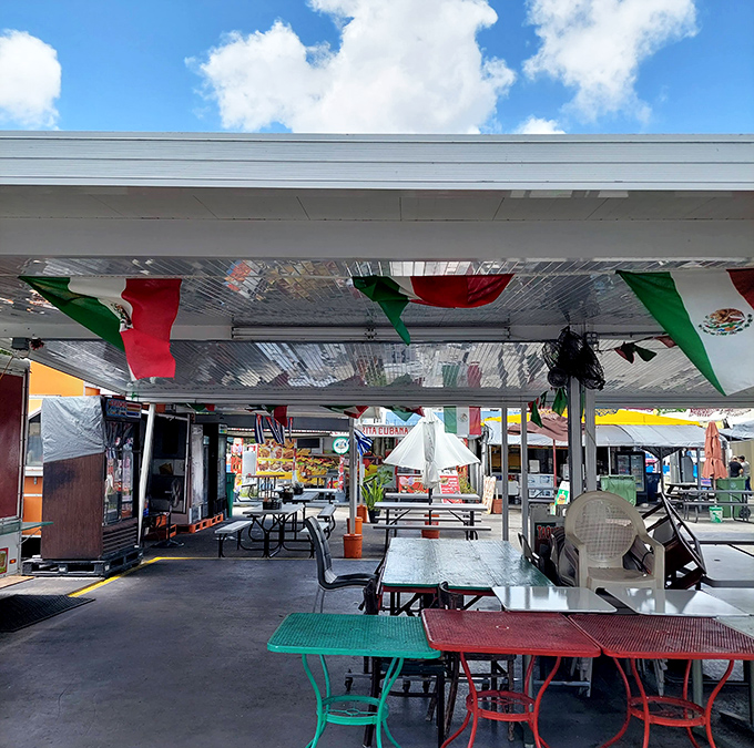 The food court flies Mexican flags proudly, promising authentic flavors that transport you south of the border without passport requirements.