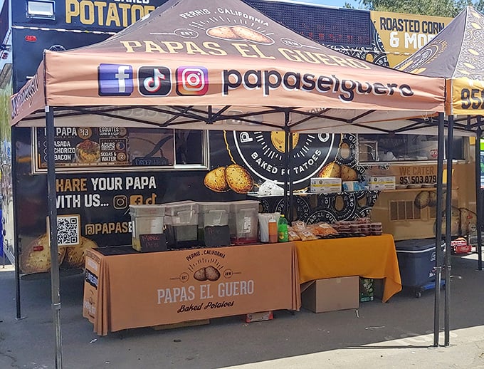 Papas El G&uuml;ero's loaded potatoes call to hungry shoppers like a siren song. The social media handles prove even swap meet food vendors have gone digital.