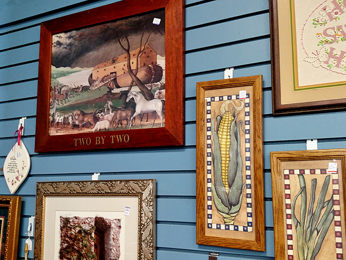 Wall art that ranges from Noah's Ark to decorative corn. In the thrift world, eclectic isn't just a style—it's the only style.