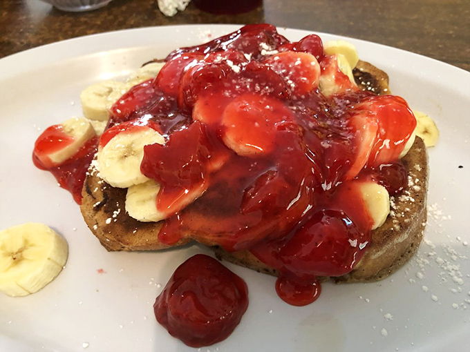 French toast that lives up to the restaurant's name, crowned with strawberries and bananas. Breakfast royalty that makes pancakes seem pedestrian by comparison.