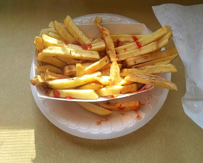 Fries that don't need fancy dipping sauces. These hand-cut beauties stand proud on their own merits, crispy outside and fluffy within.