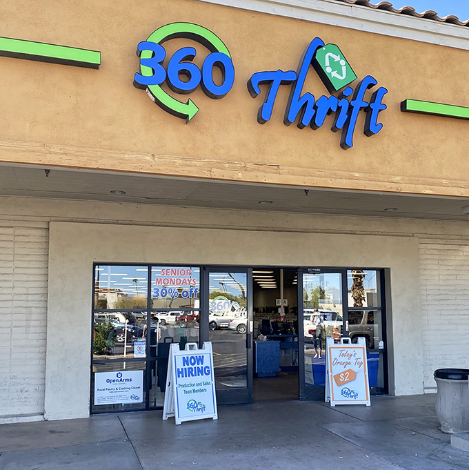 The storefront promises Senior Mondays and daily deals, a siren call to savvy shoppers throughout Mesa.