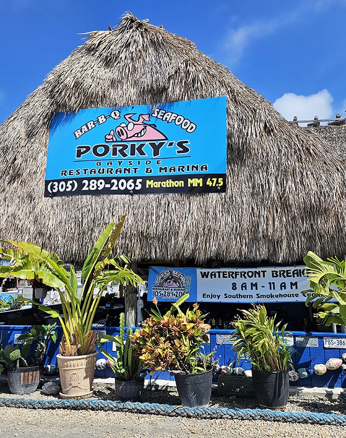 Tropical plants line the front of Porky&rsquo;s Bayside, their bright greens hinting at the laid-back, Florida-Keys feast waiting inside.