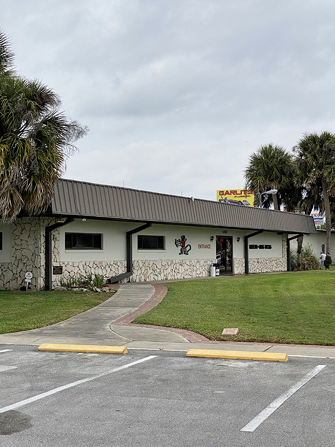 The museum's stone-faced exterior welcomes speed enthusiasts with understated charm. Those palm trees have witnessed countless gearheads making their pilgrimage.