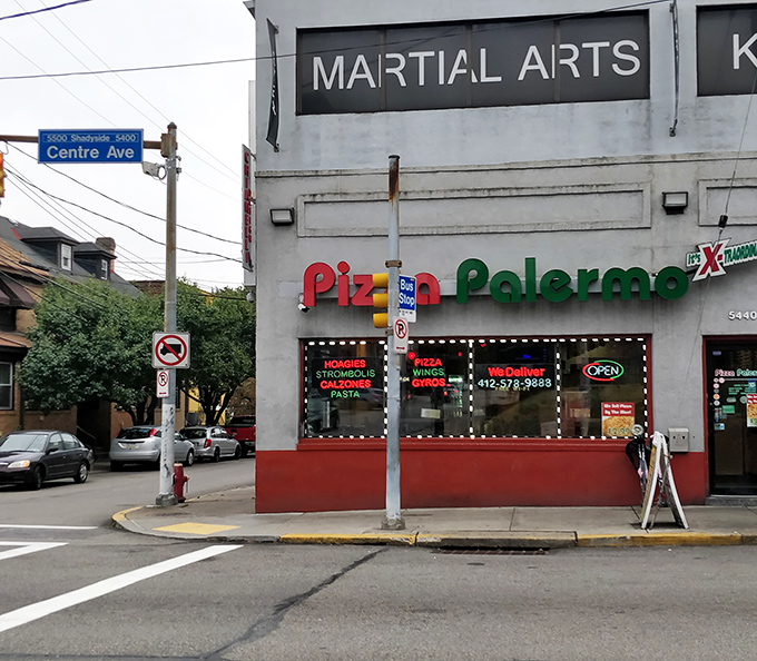 Situated on the corner of Centre Avenue, Pizza Palermo's red-trimmed exterior serves as a beacon for pizza lovers throughout Shadyside.