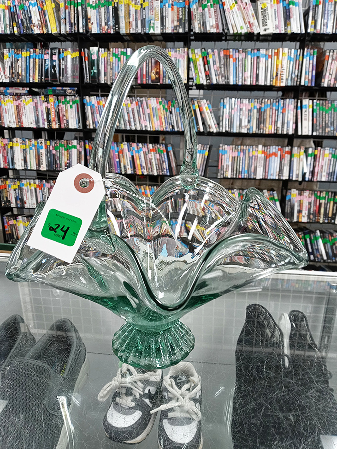 This delicate glass basket costs less than the flowers you might put in it. Vintage elegance for modern penny-pinchers.