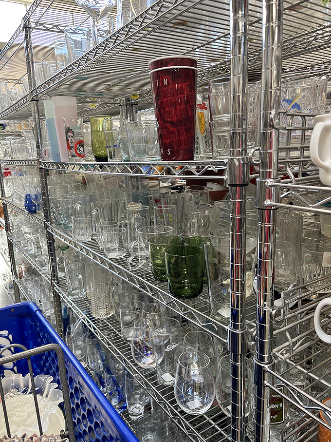 The glassware section sparkles under fluorescent lights, with everything from everyday tumblers to fancy stemware waiting for your next toast.
