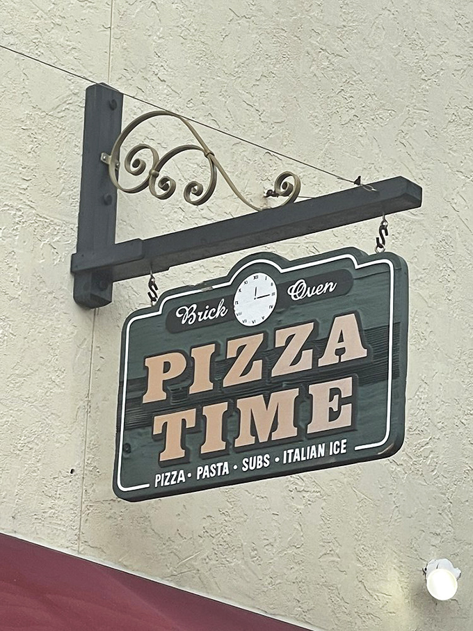 Brick Oven PIZZA TIME&mdash;the hanging sign promises exactly what you'll find inside: a timeless experience where the clock is always set to delicious. 