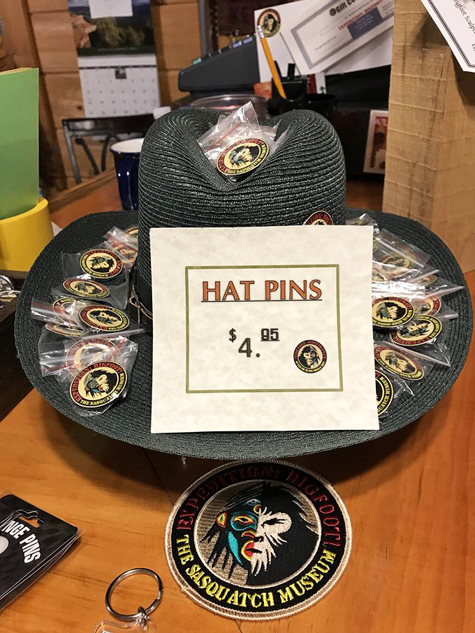 Hat pins displayed on a ranger-style hat&mdash;because nothing says "I believe" quite like accessorizing your outdoor gear with cryptid flair.