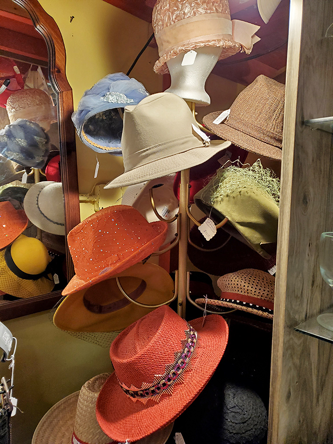 Hat heaven for fashionistas and sun-avoiders alike—each one carrying the ghost of garden parties, church services, and Kentucky Derbys past.