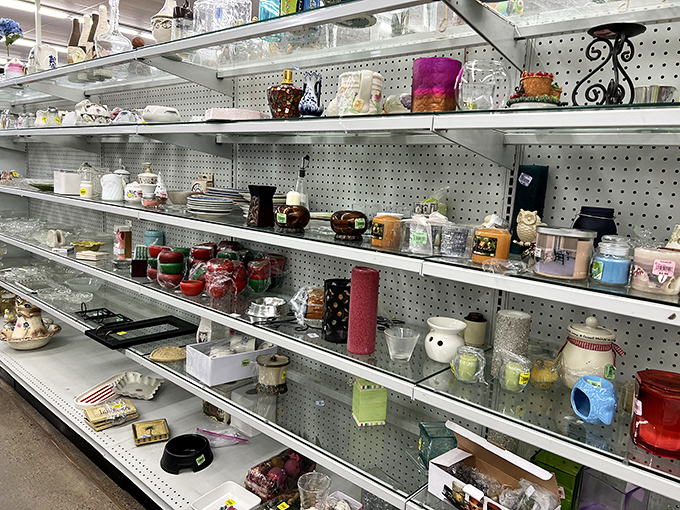 Delicate treasures and knickknacks line these shelves like an indoor yard sale curated by someone with surprisingly good taste. Grandma would approve.