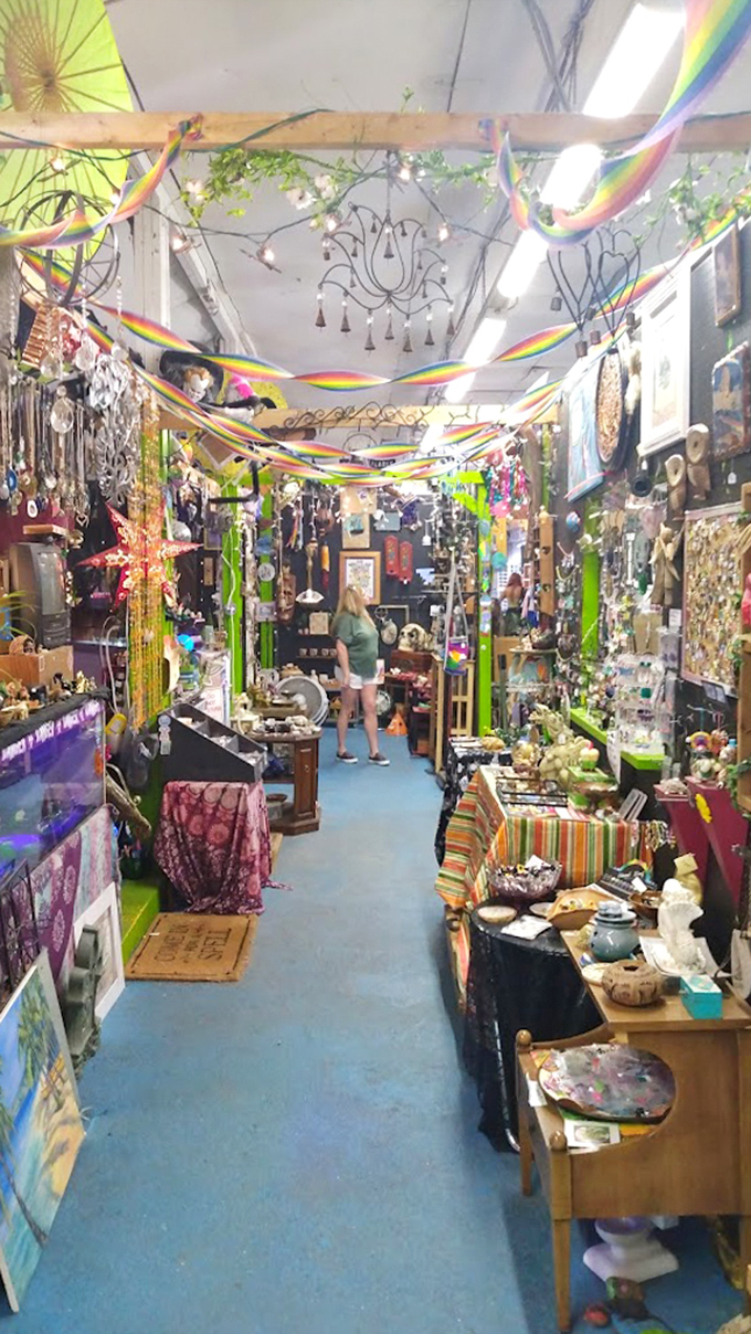 Rainbow streamers guide you through this psychedelic wonderland of crystals, artwork, and treasures that defy categorization.