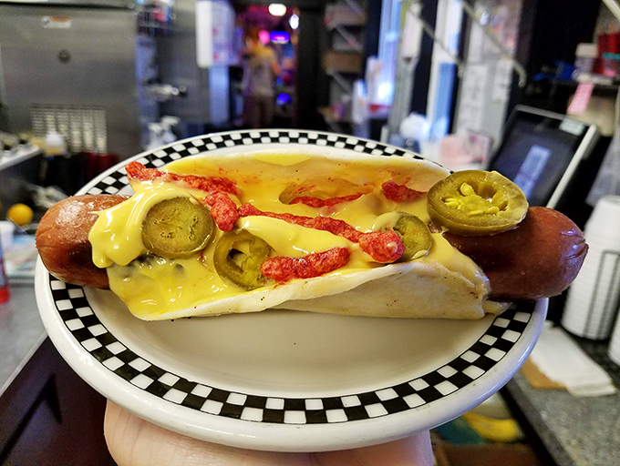The hot dog taco&mdash;when two beloved foods decide to elope. Jalape&ntilde;os and cheese sauce make this union spicy, melty, and worthy of your immediate attention.
