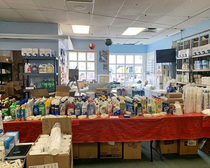 Household cleaners and everyday essentials line this indoor stall, proving that practical bargain hunting can be just as satisfying as finding quirky treasures.