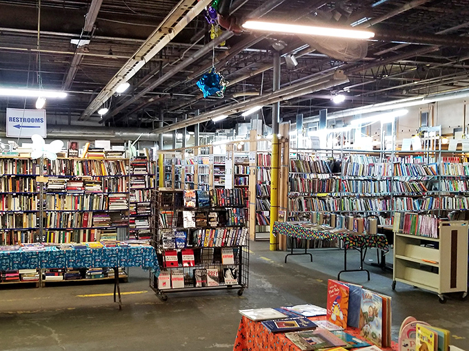 Books as far as the eye can see, arranged in a bibliophile's dream layout. The overhead fluorescents may not be glamorous, but they illuminate thousands of worlds waiting to be explored.