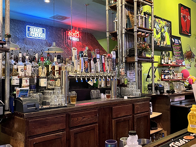 Behind every great burger joint is a well-stocked bar. This one promises liquid refreshment to complement your meat-and-bun masterpiece.