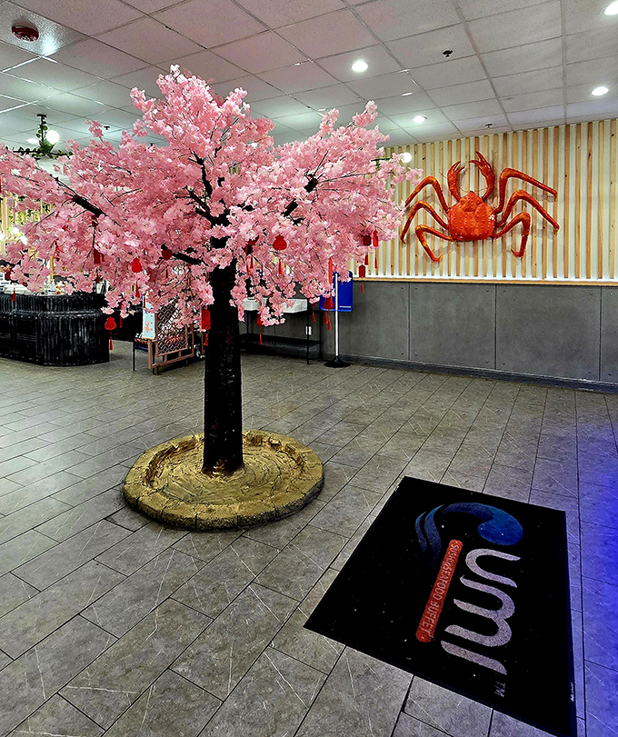 A cherry blossom tree greets you at the entrance, setting the stage for the feast that awaits inside.